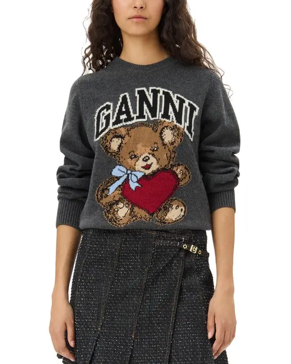 GANNI Graphic Bear Pullover Sweater - Gray Quill
