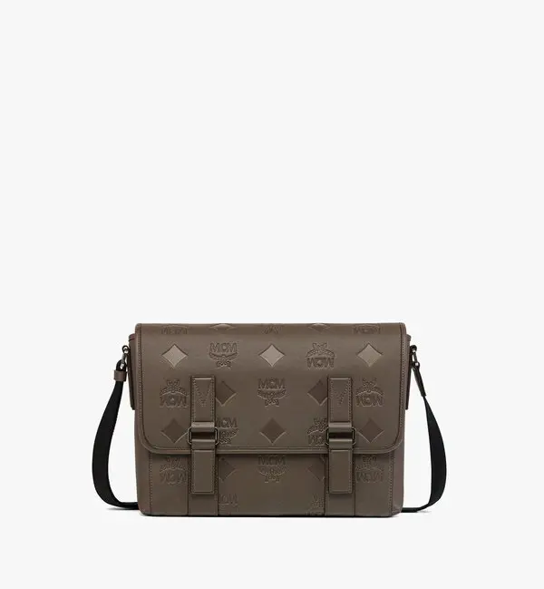 Mcm Aren Maxi Monogram Leather Messenger Bag - Morel Grey