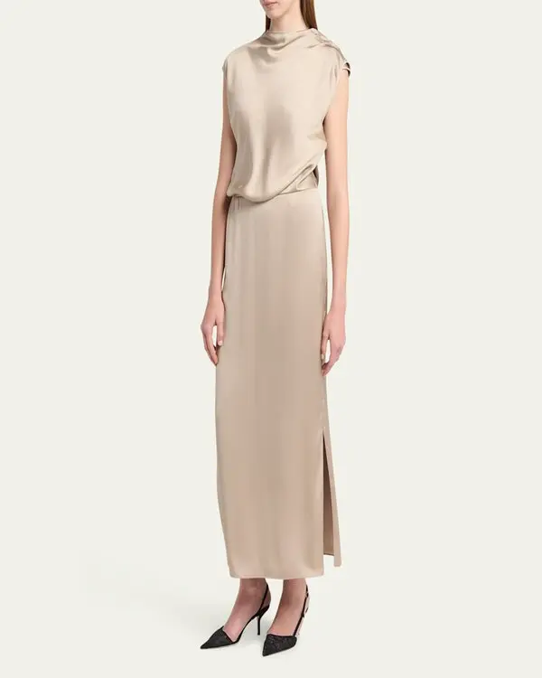 Giorgio Armani Long Double Satin Cowl-neck Dress - Biege