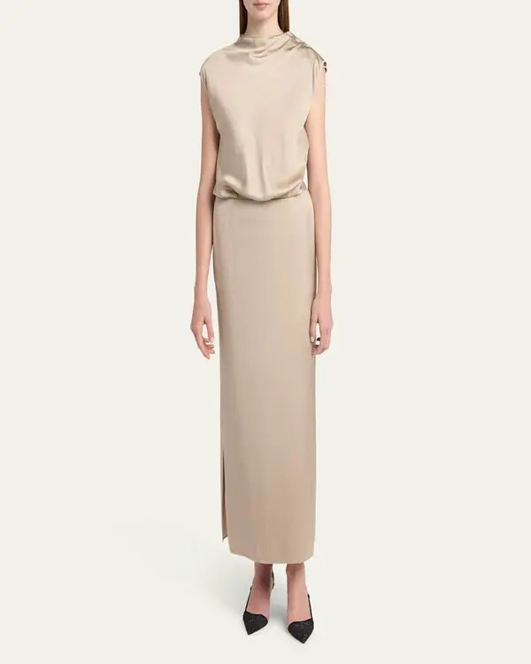Giorgio Armani Long Double Satin Cowl-neck Dress - Biege