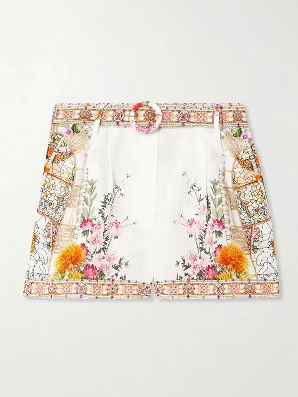 Camilla Belted Crystal-embellished Floral-print Linen Shorts - Neutrals
