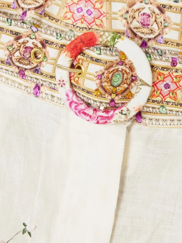 Camilla Belted Crystal-embellished Floral-print Linen Shorts