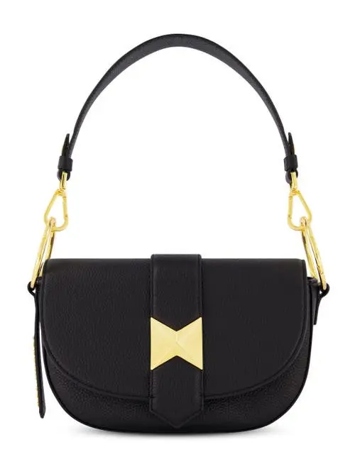 Mac Duggal Grain Leather Saddle Bag With Gold Hardware - Black