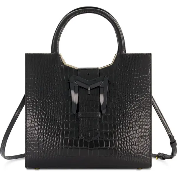 Mac Duggal Crocodile Embossed Tote Bag With Buckle Detail - Black