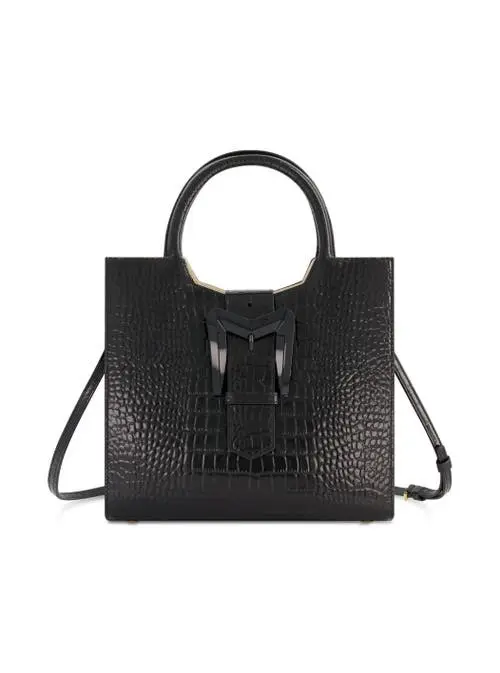 Mac Duggal Crocodile Embossed Tote Bag With Buckle Detail - Black