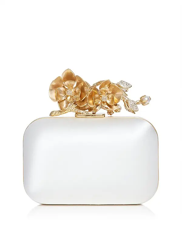 JIMMY CHOO Cloud Satin Clutch With Jewel Flower Detail - Ivory/gold
