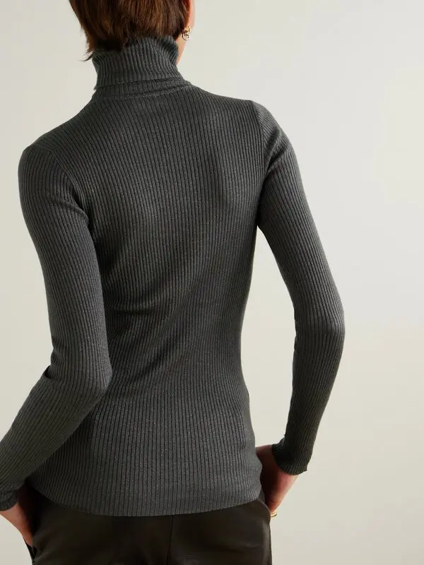 Brunello Cucinelli Ribbed Metallic Cashmere-blend Turtleneck Sweater - Dark Gray