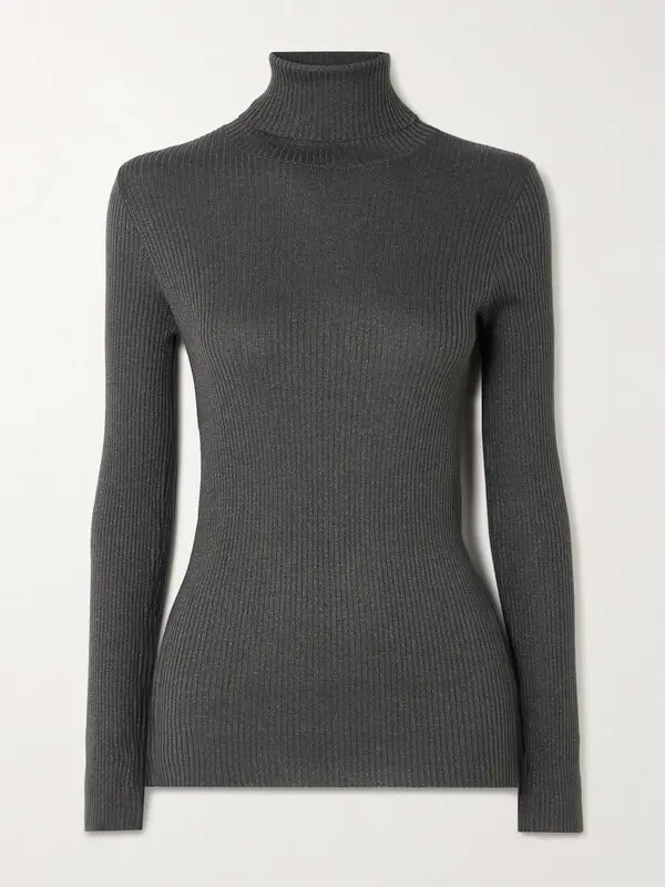 Brunello Cucinelli Ribbed Metallic Cashmere-blend Turtleneck Sweater - Dark Gray