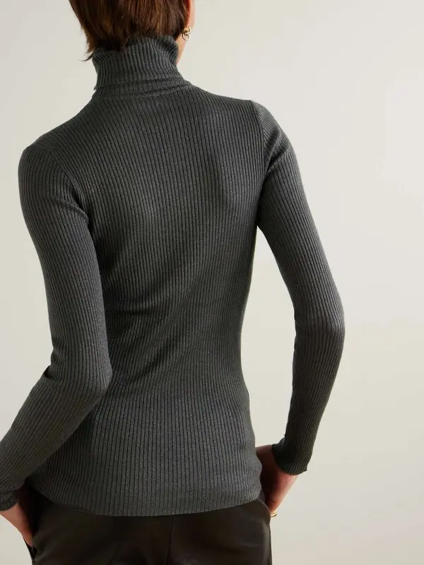 Brunello Cucinelli Ribbed Metallic Cashmere-blend Turtleneck Sweater - Dark Gray