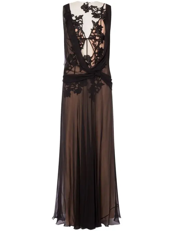 Alberta Ferretti Sleeveless Silk Gown With Lace Embroidery