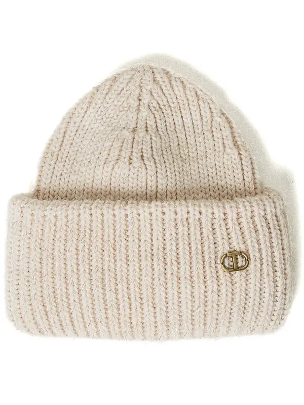 TWINSET Oval T Ribbed Knit Beanie - Neutrals