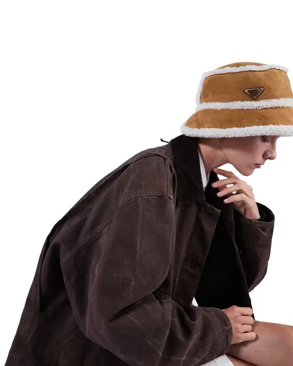 Prada Suede Shearling Bucket Hat - Neutral