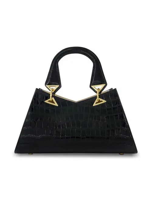 Mac Duggal Gold Plated Hardware Crocodile Embossed Leather Handbag
