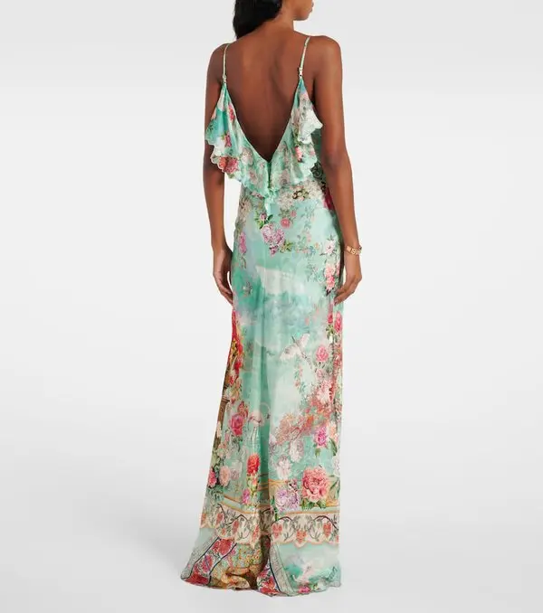Camilla Printed Ruffled Satin Slip Dress