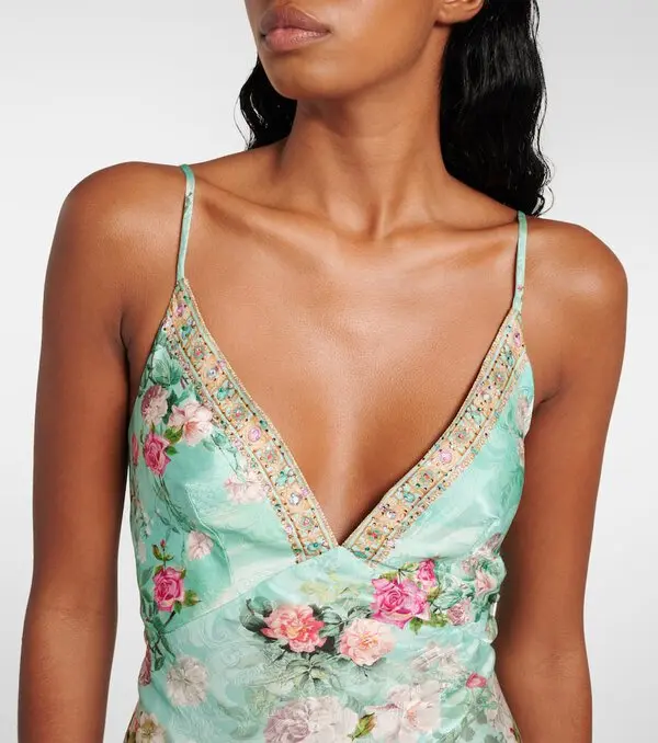 Camilla Printed Ruffled Satin Slip Dress