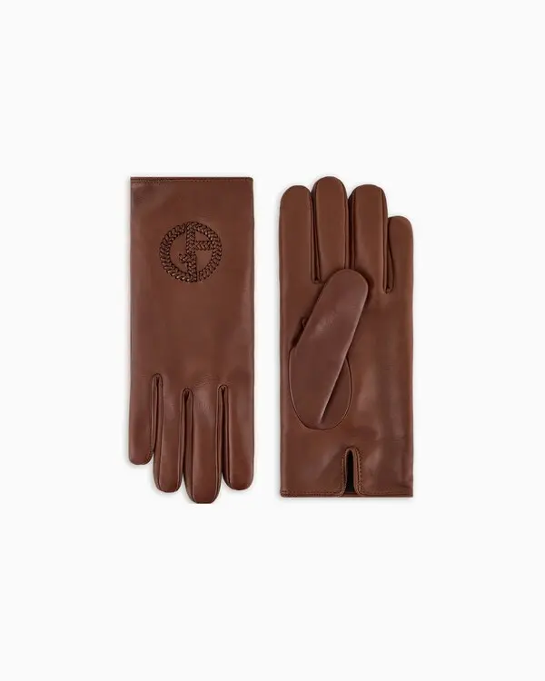 Giorgio Armani Nappa Leather Gloves With Embroidered Logo - Brown
