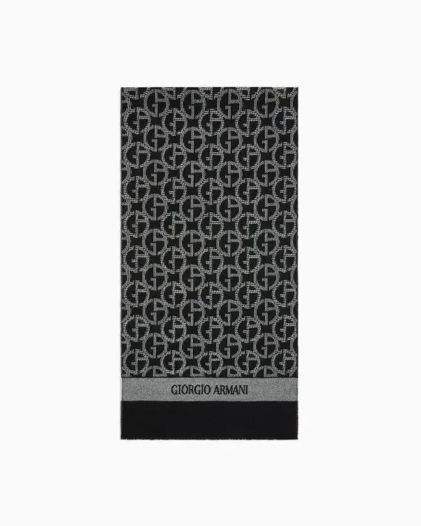 Giorgio Armani Wool Scarf With Jacquard Monogram - Black