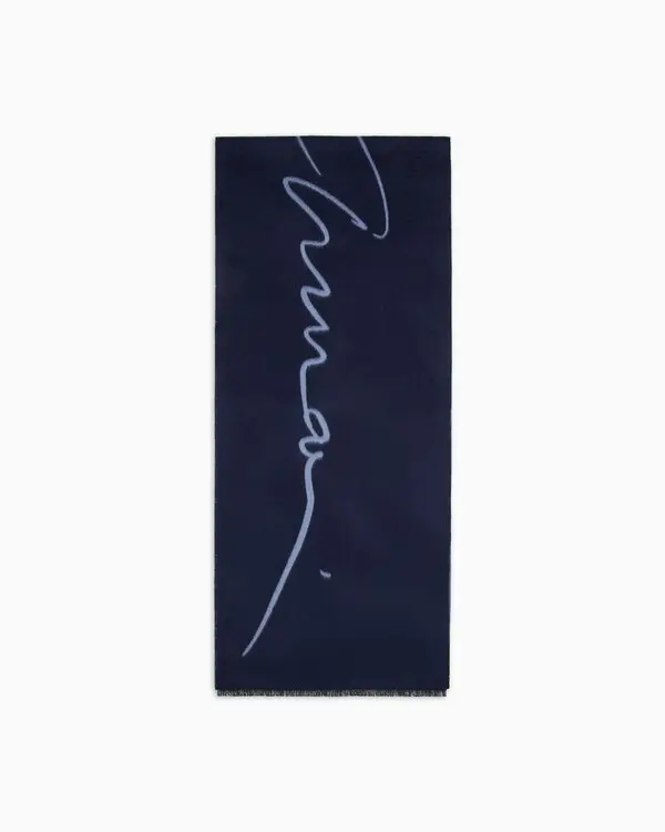 Giorgio Armani Two-tone Wool And Silk Scarf With Signature Logo - Blue