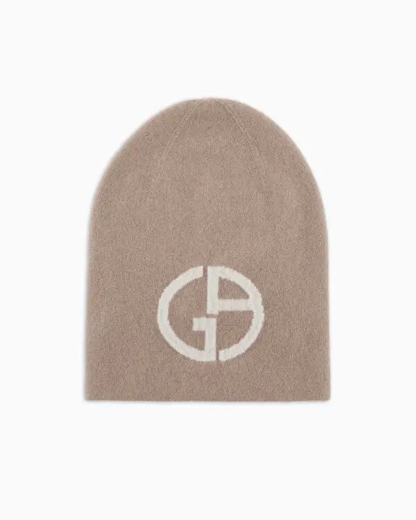 Giorgio Armani Cashmere Jacquard Logo Beanie - Beige