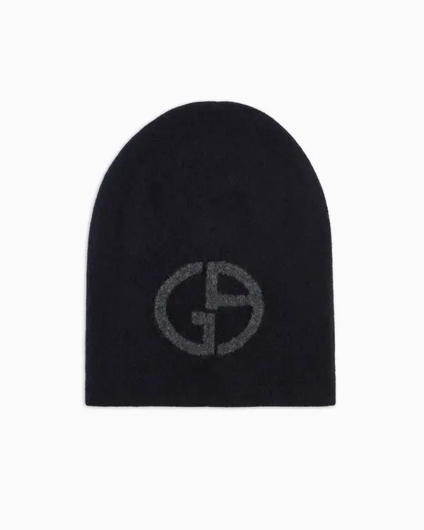 Giorgio Armani Cashmere Jacquard Logo Beanie - Blue