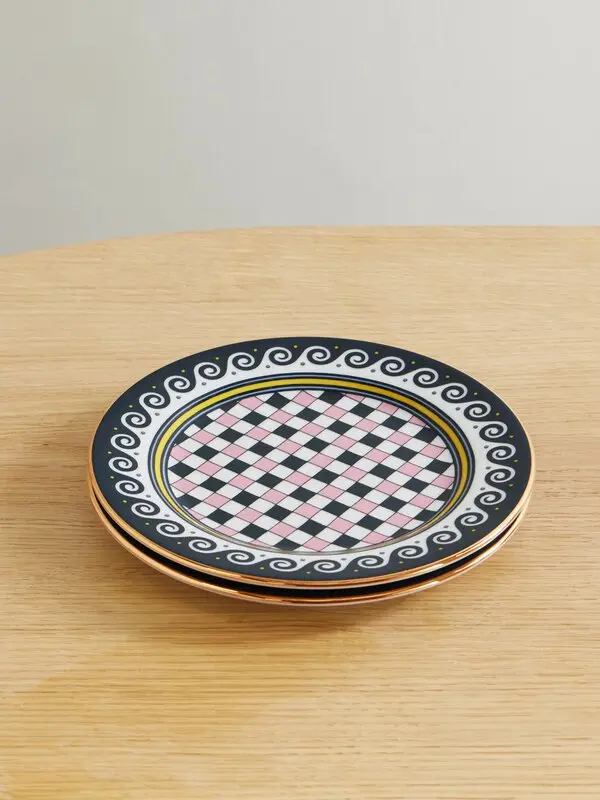 La DoubleJ Set Of Two Gold-plated Porcelain Dessert Plates - Blue