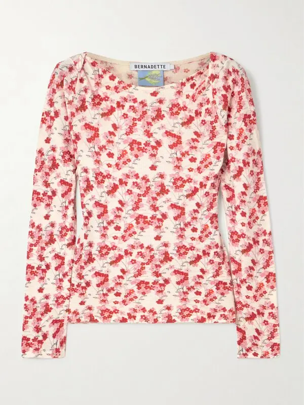 Bernadette Luke Waffle-knit Floral-print Silk-blend Top