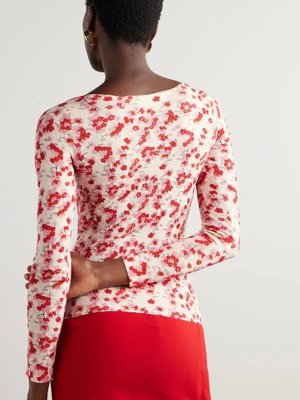 Bernadette Luke Waffle-knit Floral-print Silk-blend Top