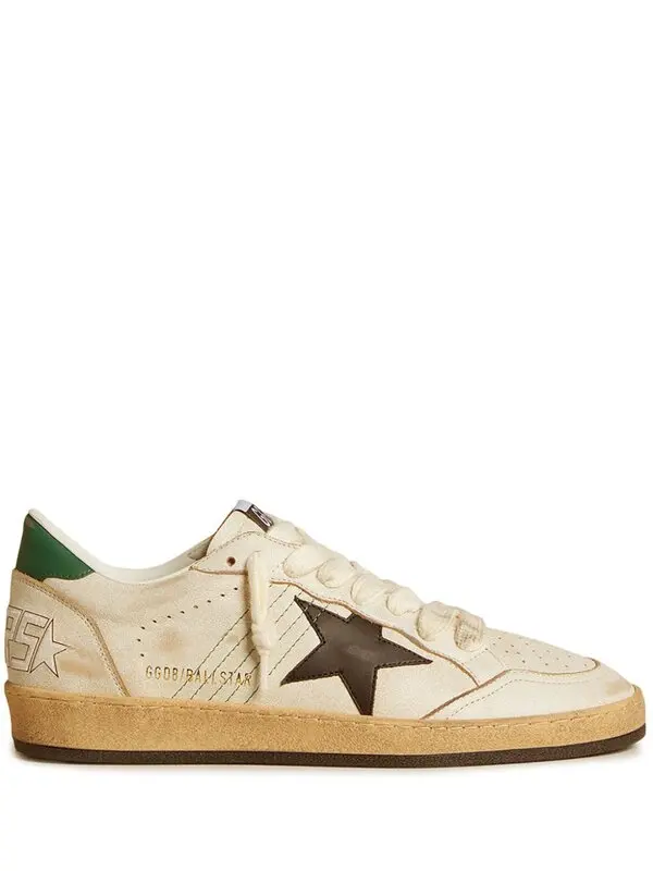 GOLDEN GOOSE Ball Star Sneakers With Black Leather Star And Green Heel Tab - White