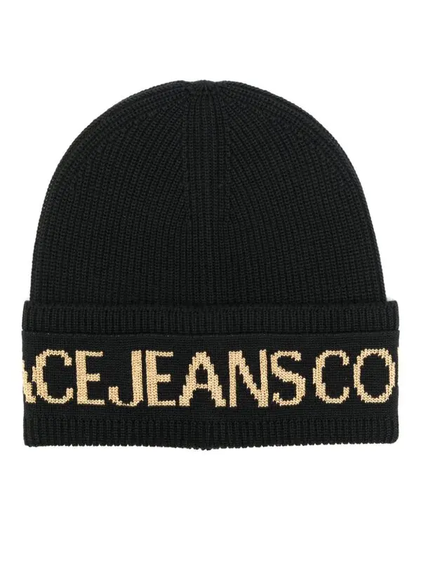 Versace Logo-intarsia Knitted Beanie - Black