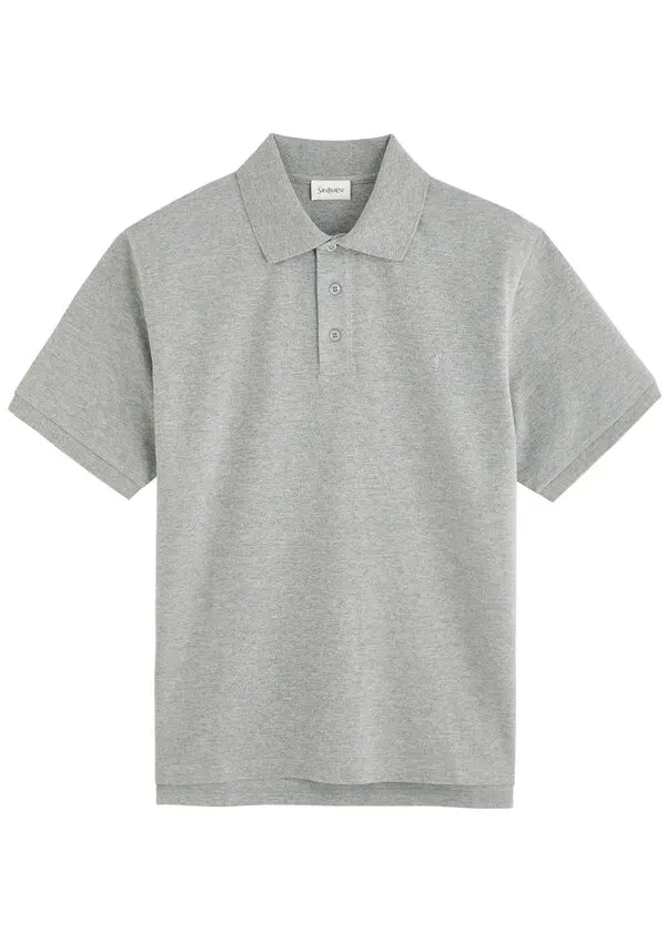 Saint Laurent Logo-embroidered Piqué Cotton Polo Shirt - Grey