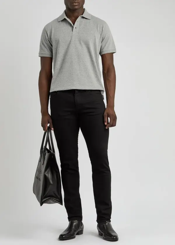 Saint Laurent Logo-embroidered Piqué Cotton Polo Shirt - Grey
