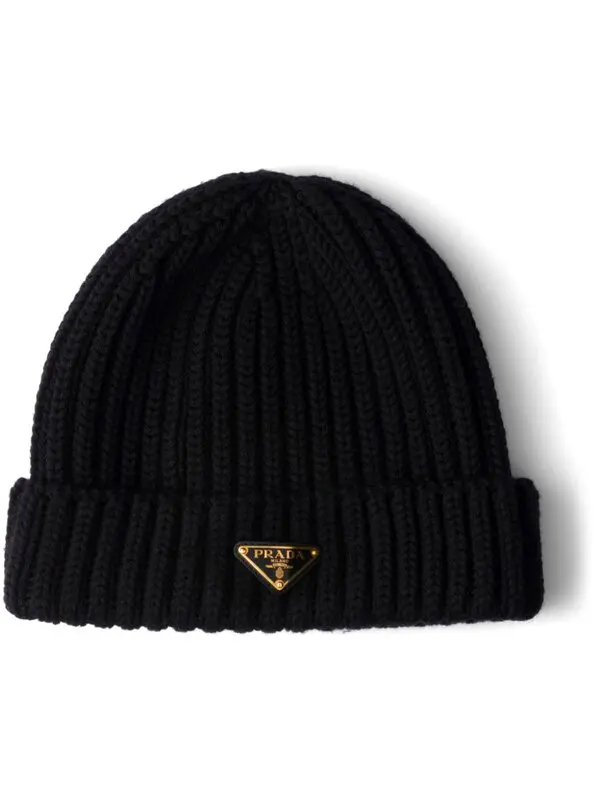 Prada Triangle-logo Ribbed Beanie - Black