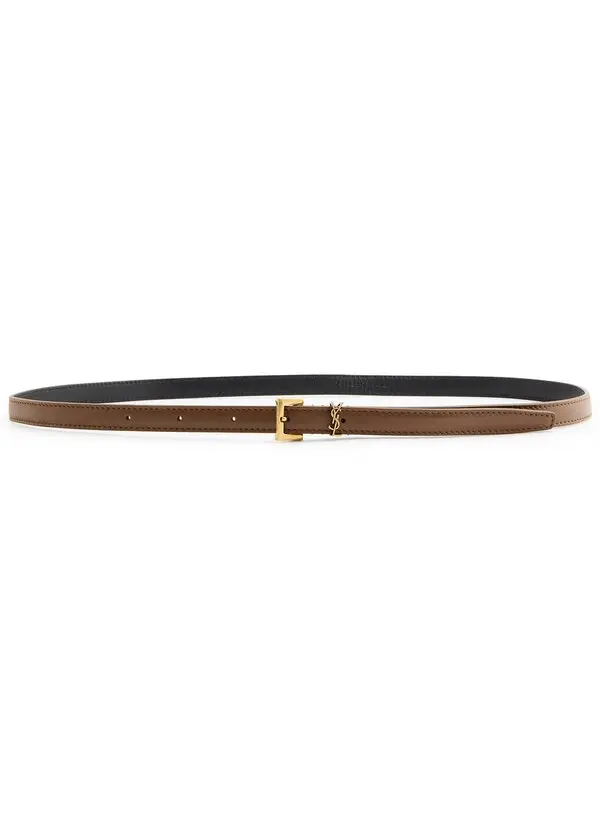 Saint Laurent Cassandre Extra Thin Logo Leather Belt - Brown
