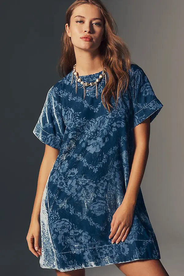 Maeve Emmy Velvet Mini Dress - Blue Pattern