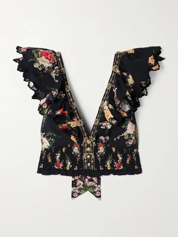 Camilla Embellished Floral-print Organic Cotton Top - Black
