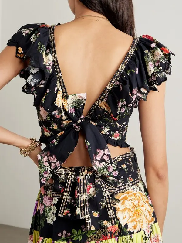 Camilla Embellished Floral-print Organic Cotton Top - Black
