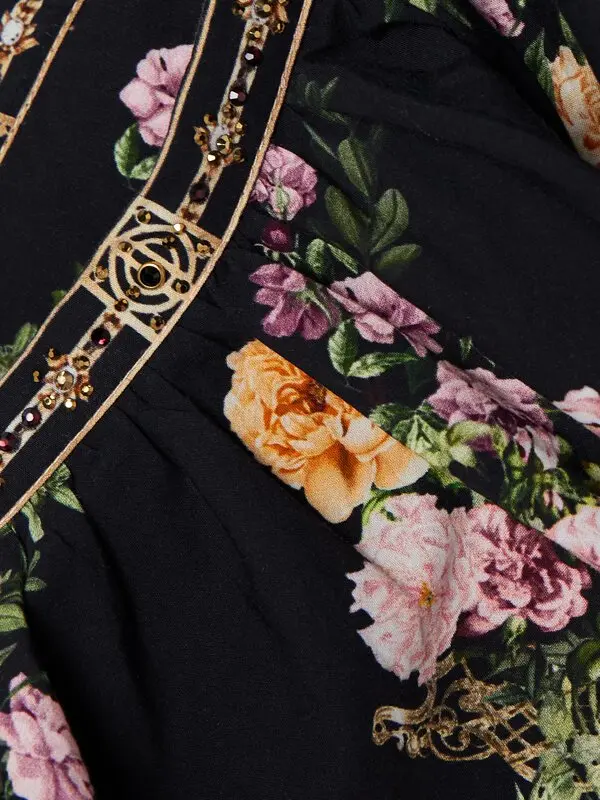 Camilla Embellished Floral-print Organic Cotton Top - Black