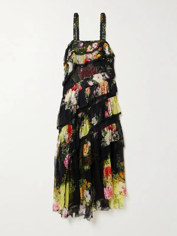 Camilla Asymmetric Crystal-embellished Lace-trimmed Floral-print Silk-crepon Midi Dress