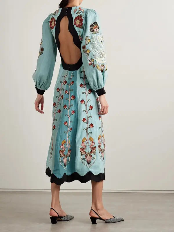 Open-back Embroidered Linen Midi Dress