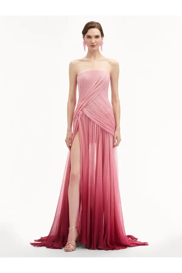 ombre silk chiffon maxi dress Pink-Purple Ombre Pleated Belt Chiffon Maxi Dress