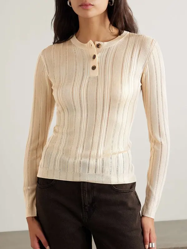 FRAME Ribbed-knit Henley Top