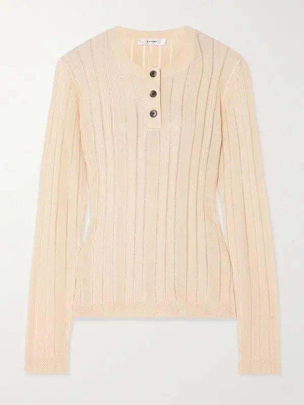 FRAME Ribbed-knit Henley Top - Neutrals