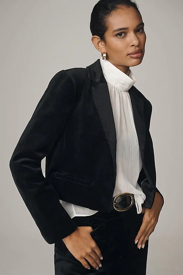 Maeve Velvet Cropped Tux Blazer Jacket