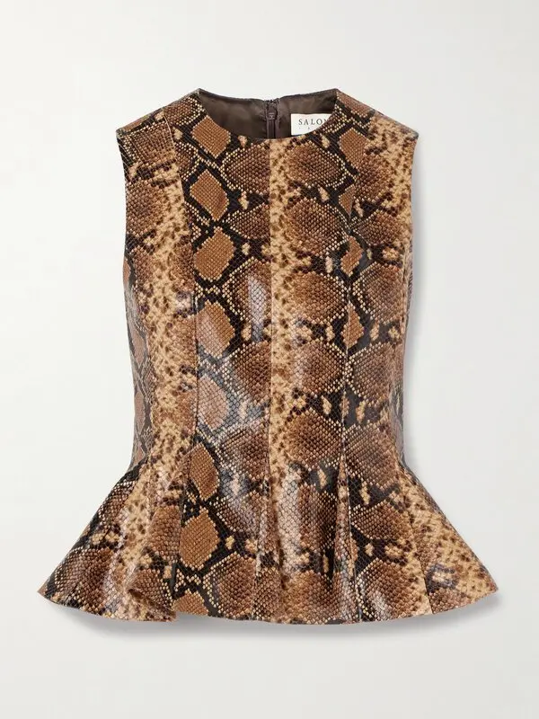 SALON 1884 Izabel Paneled Snake-effect Leather Peplum Top