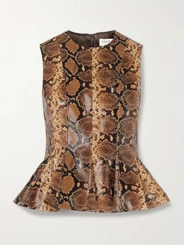 SALON 1884 Izabel Paneled Snake-effect Leather Peplum Top