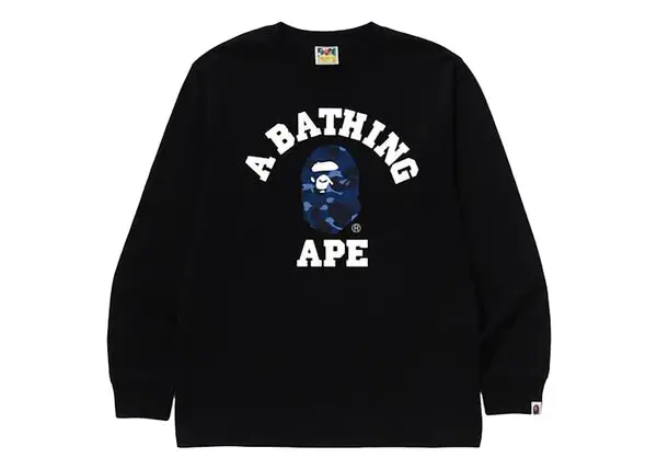 A BATHING APE Camo College Long Sleeve Tee Shirt - Black/navy Blue