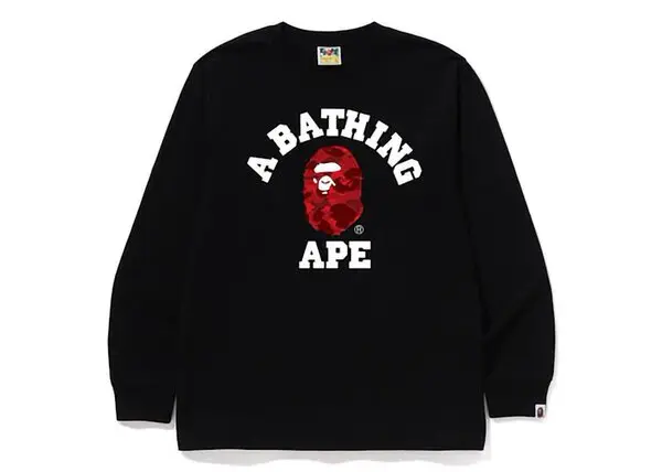A BATHING APE Camo College Long Sleeve Tee Shirt - Black/red