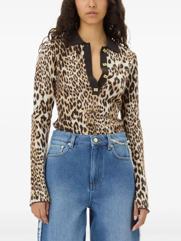 GANNI Leopard Print Long Sleeve Top - Brown