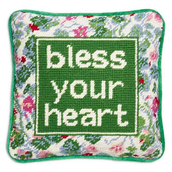 FURBISH Bless Your Heart Decorative Needlepoint Pillow - Green