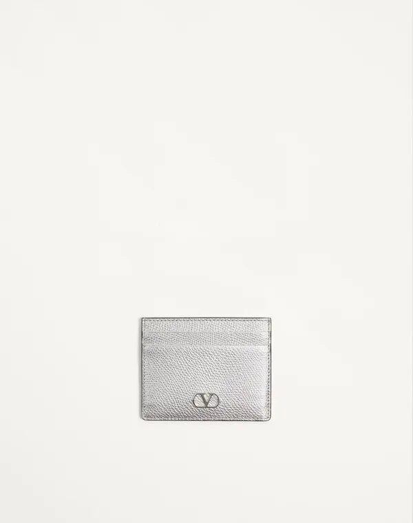 Valentino Garavani Vlogo Signature Cardholder In Laminated Grainy Calfskin - Silver